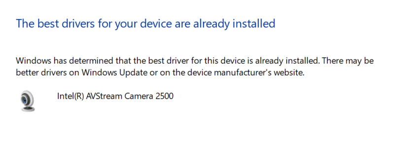 Intel AVStream 2500 camera not working but is listed in device manager ...