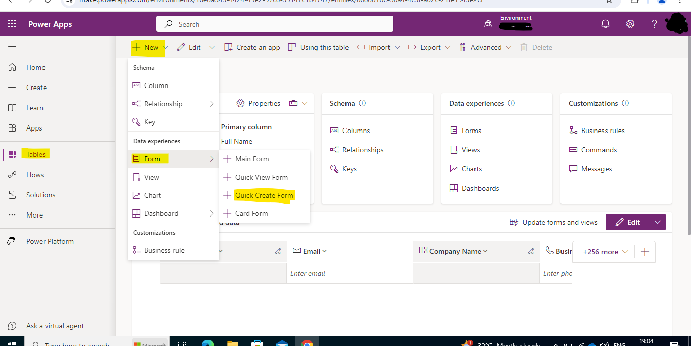 quick create form powerapps enable - Microsoft Q&A