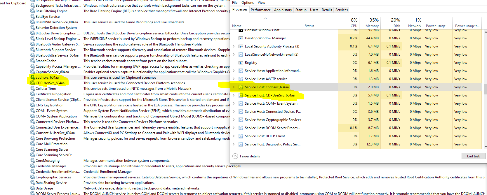 started seeing this two services suddenly "CDPUserSvc_604aa" and "cbdhsvc_604aa" - Microsoft Q&A