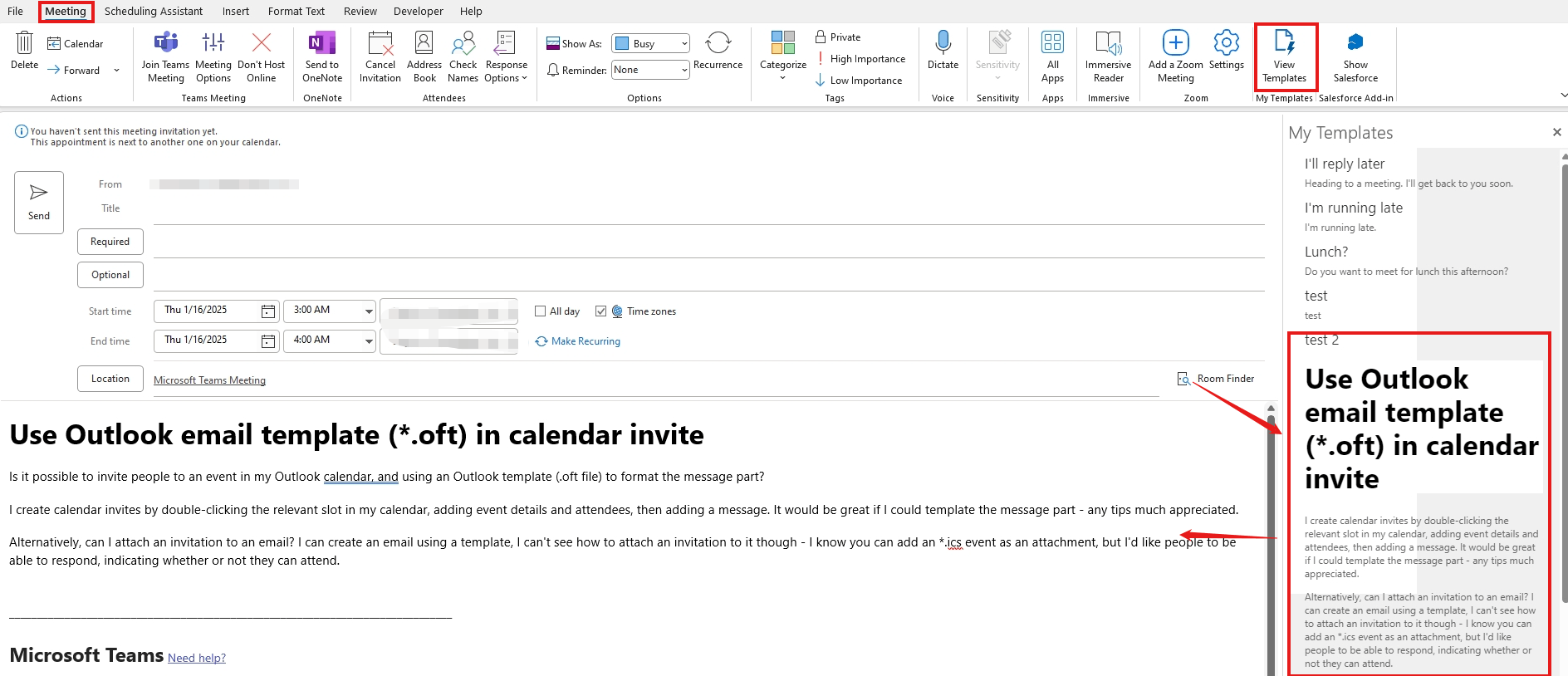 Use Outlook email template (*.oft) in calendar invite - Microsoft Q&A