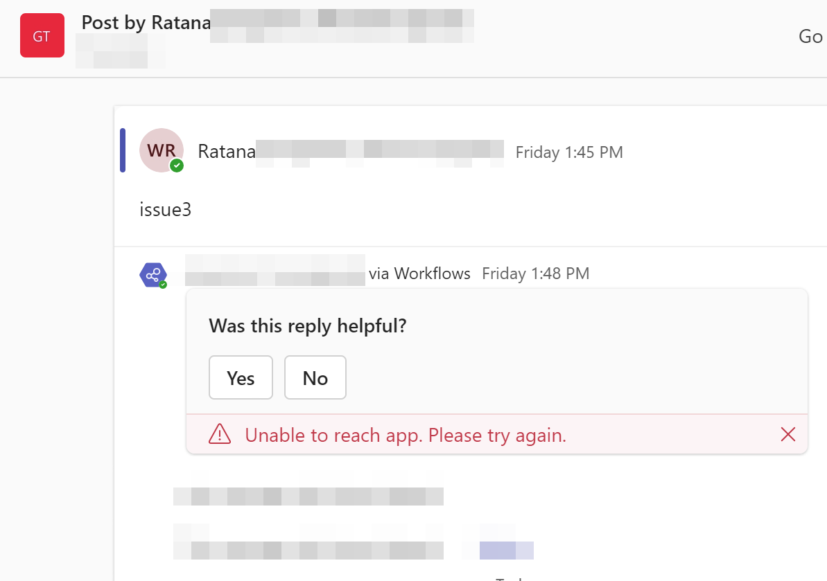 Get "unable to reach app. please try again" message on reply message but not found in post ...