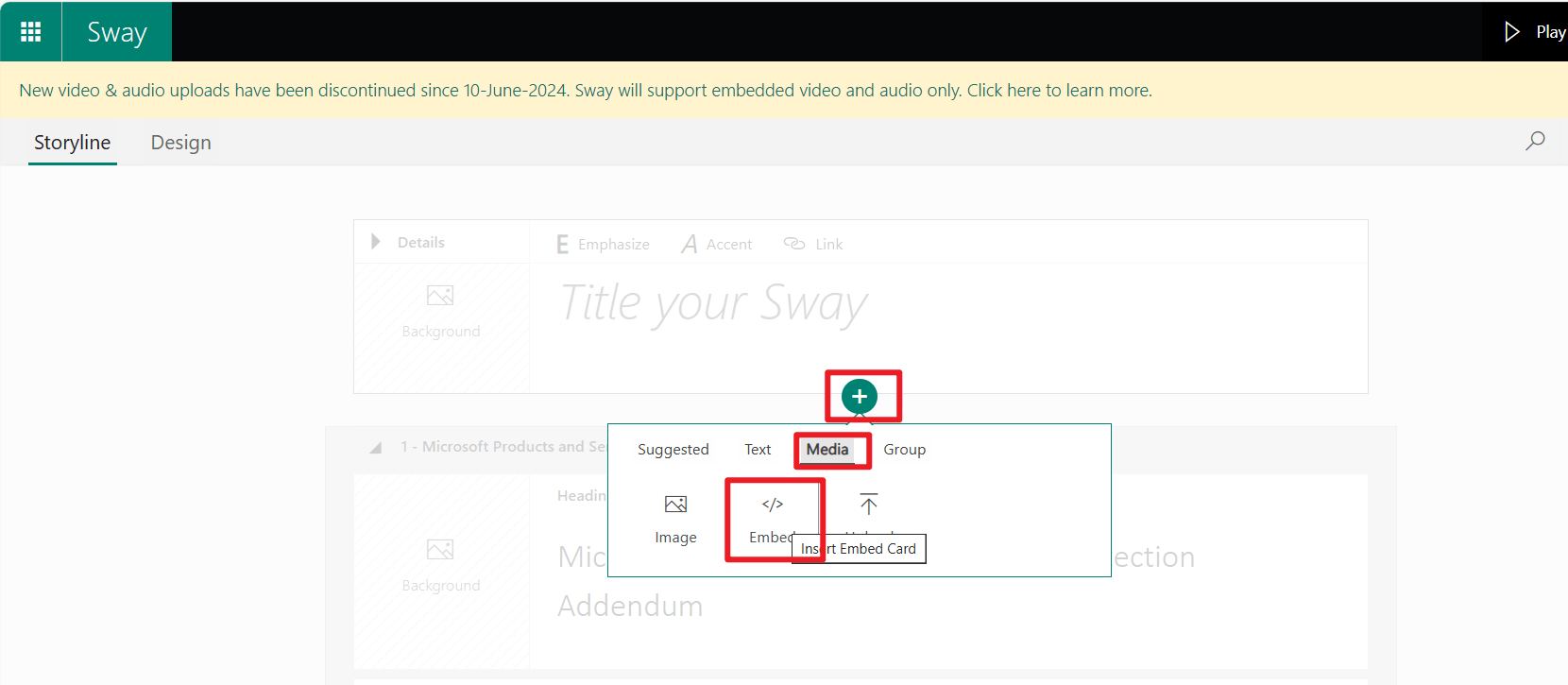 How can I embed video to my sway presentation. The option for Vide is ...