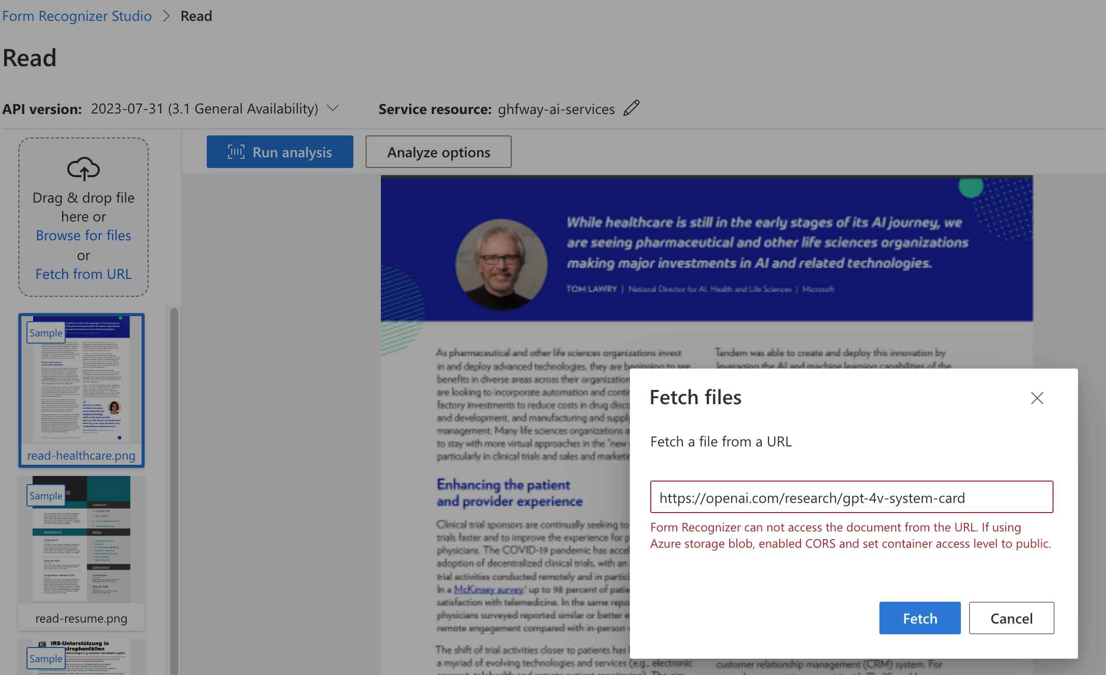 Form Recognizer Studio can not access the document from the URL - Microsoft Q&A