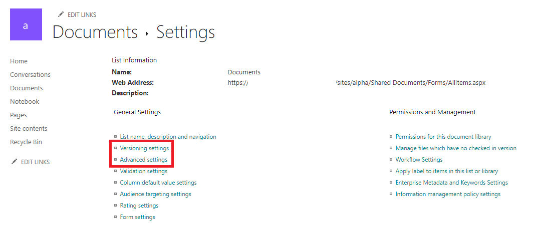 How do I include Versioning and Advanced Settings in my SharePoint ...
