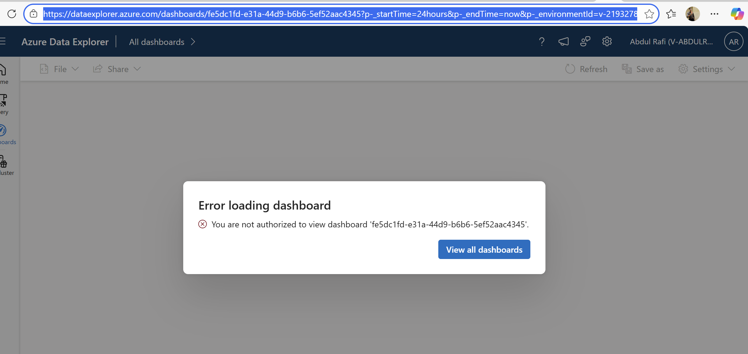 My Azure Data Explorer dashboards are not accesible Error: Principal add user : Is not ...