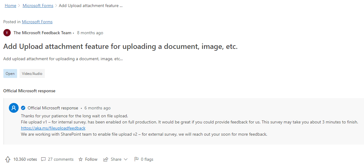 External users need to add attachments using microsoft forms ...