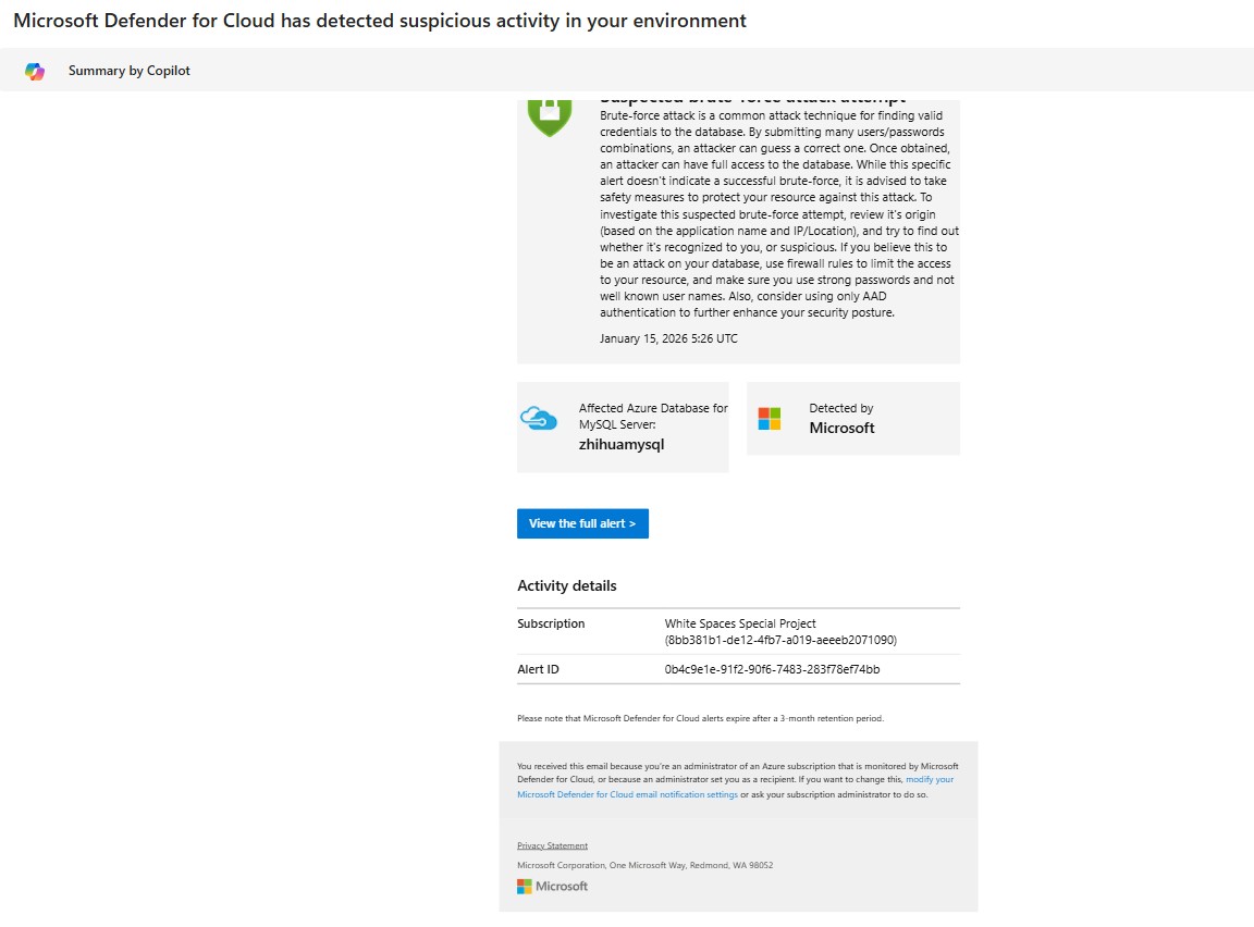 False Microsoft Defender for Cloud has detected suspicious activity Alert - Microsoft Q&A