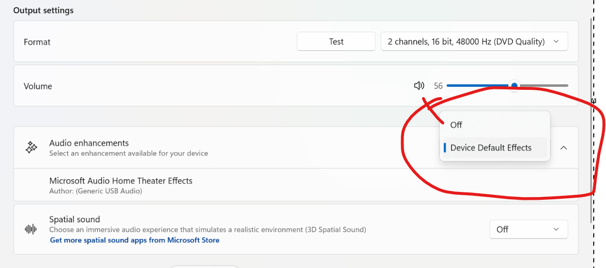 How about the audio enhancement settings in DUT&REF PC on windows 11 ...