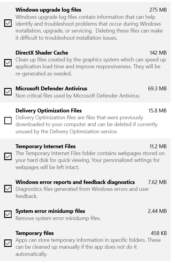 In Settings → Storage, under C:/ → Temporary files, can all of these ...