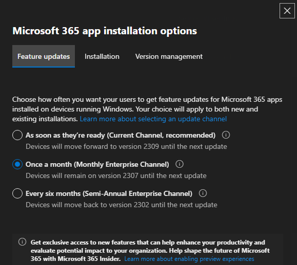 Microsoft 365 apps servicing profile setting to current channel while ...