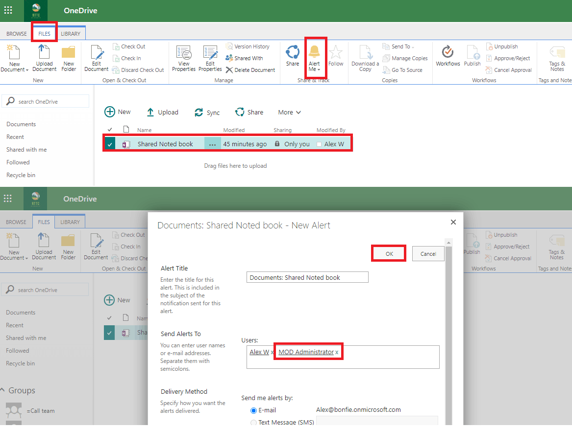 How can I set up email notifications for a OneNote Notebook that was ...