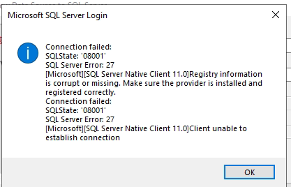 Como corrigir o erro de conexão sqlState 08001 error 27 - Microsoft Q&A