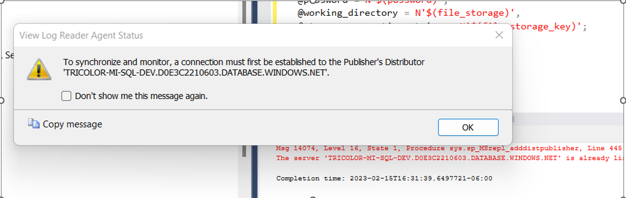 replication beetwen 2 Manage instance is not working ussing wizard , only executing script ...