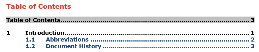 Word displays a page number for 'Table of Contents' line in Table of ...