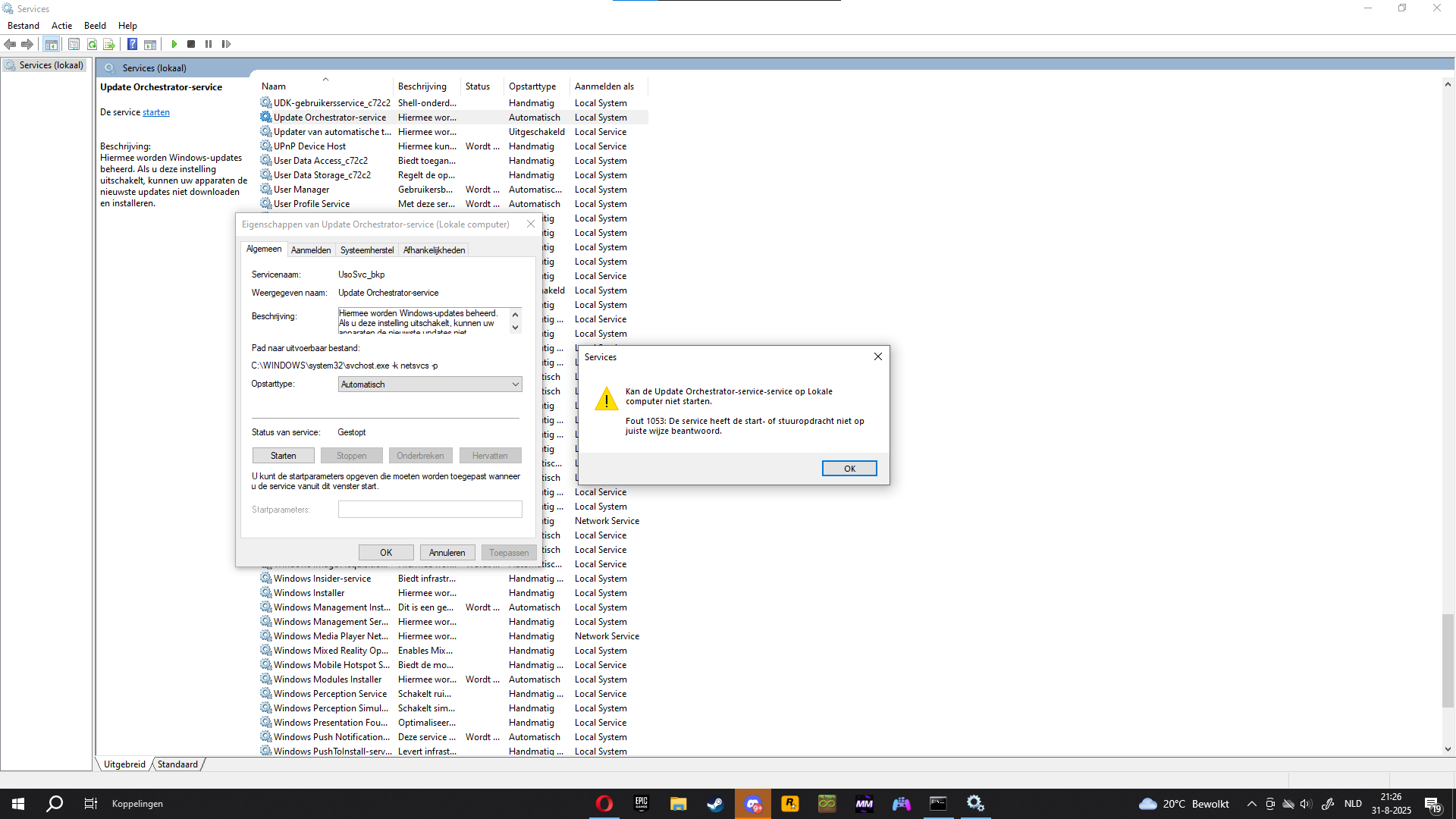 Windows Orchestrator update service gives me error 1053 - Microsoft Q&A
