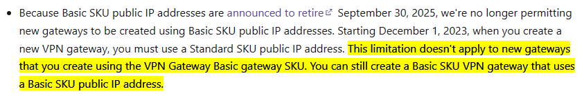 Unable to create virtual network gateway with sku basic - Microsoft Q&A