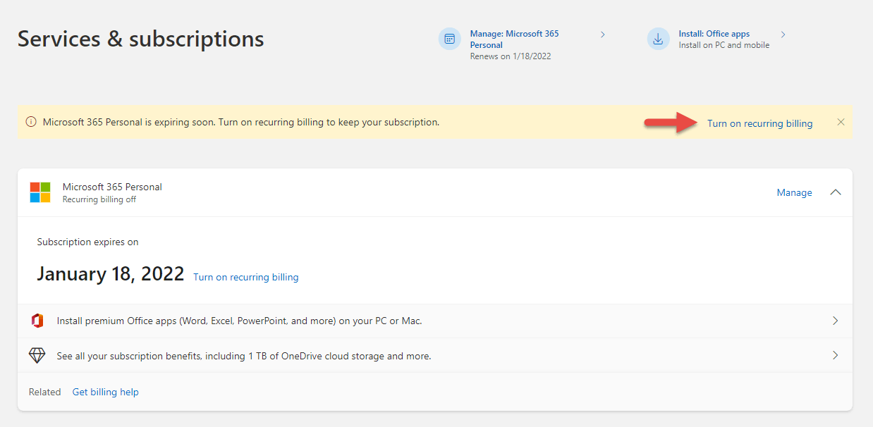 Can't turn on recurring billing for Microsoft Personal 365. - Microsoft Q&A