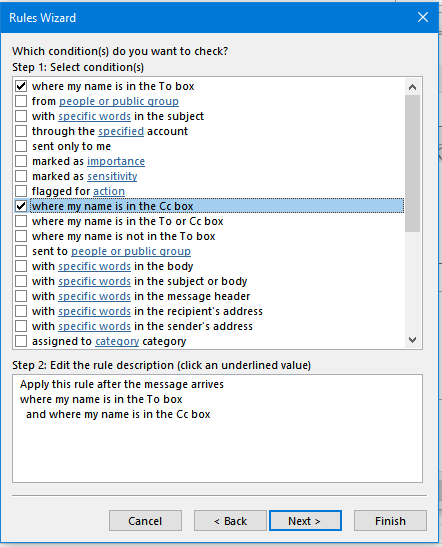 How to create a rule involving the To line and the Cc line together ...