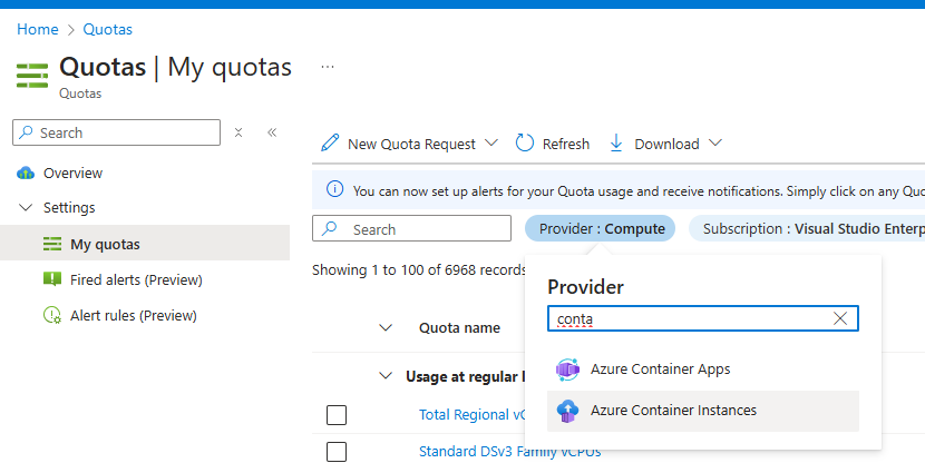 GPU increasing quota from 0 1 Resource type container group quota ...