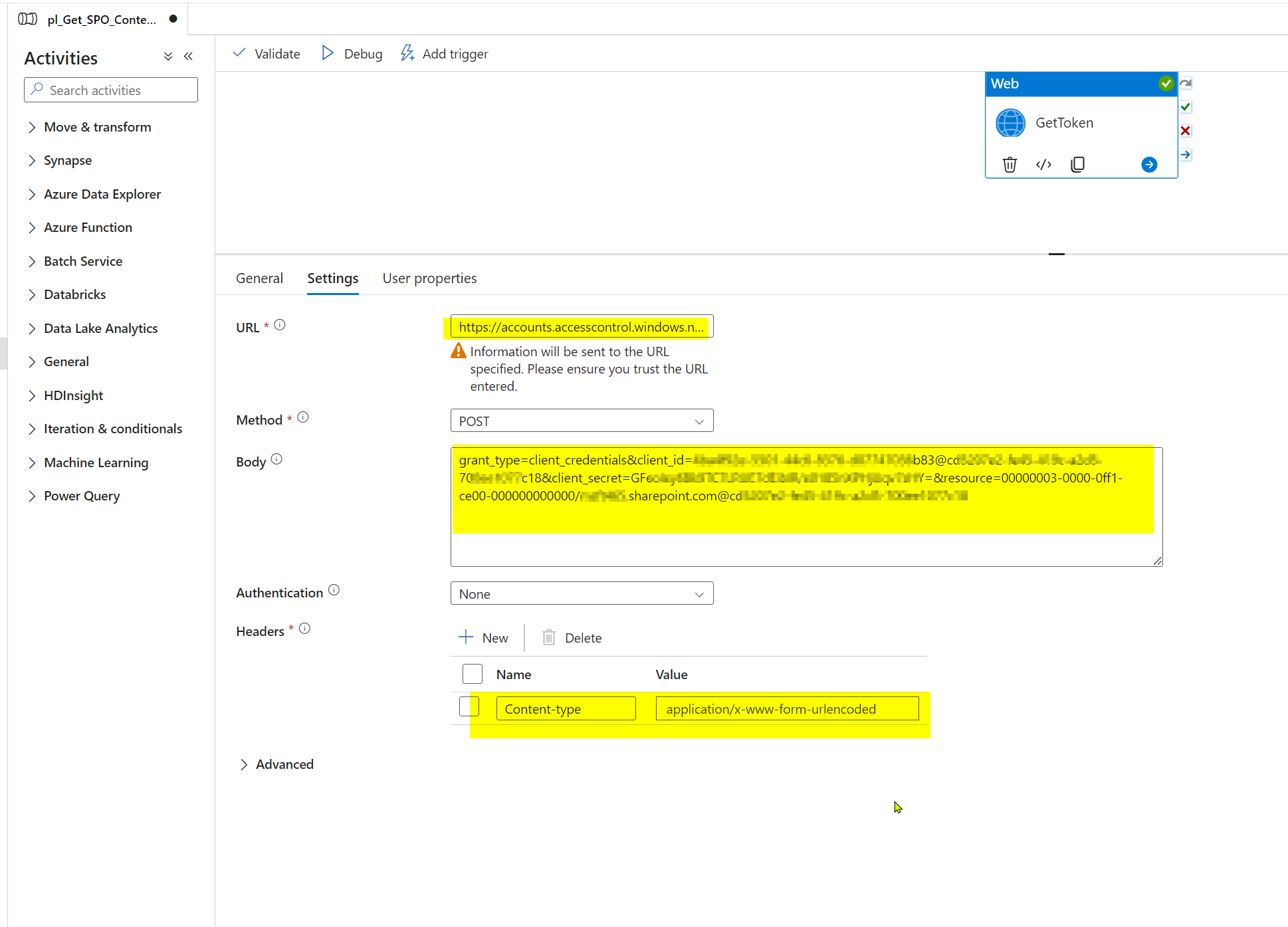 ADF POST request returns error "AADSTS7000215: Invalid client secret provided" but identical ...