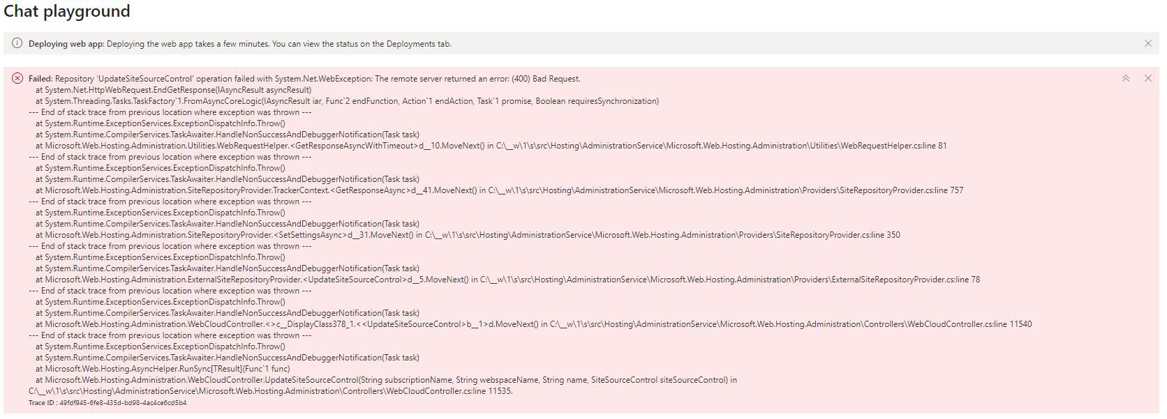 Azure AI studio web app deployment failed with error ... Azure AI studio web app deployment failed with error ...