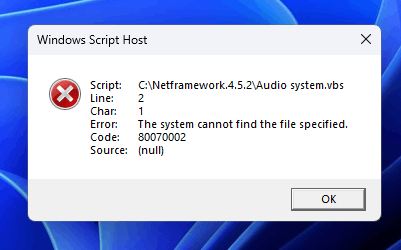 How do i solve this issue with NetFramework.4.5.2/Audio system.vbs? - Microsoft Q&A