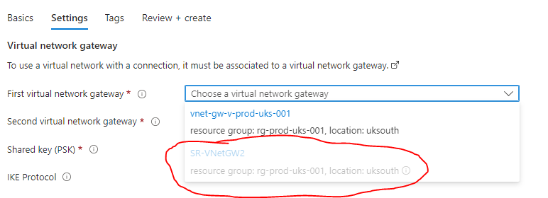 When Trying To Connect 2 Vnet Gateways My 2nd Vnet Gateway Is Greyed Out Microsoft Qanda