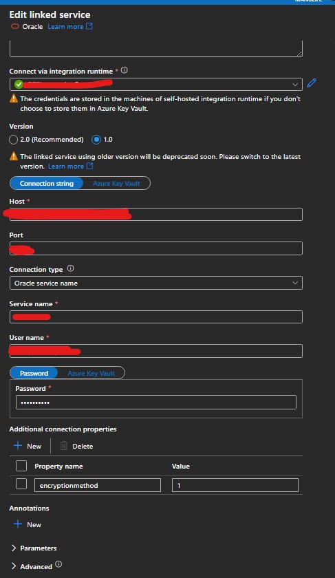 ADF Oracle connection deprecated version 1.0 - Microsoft Q&A