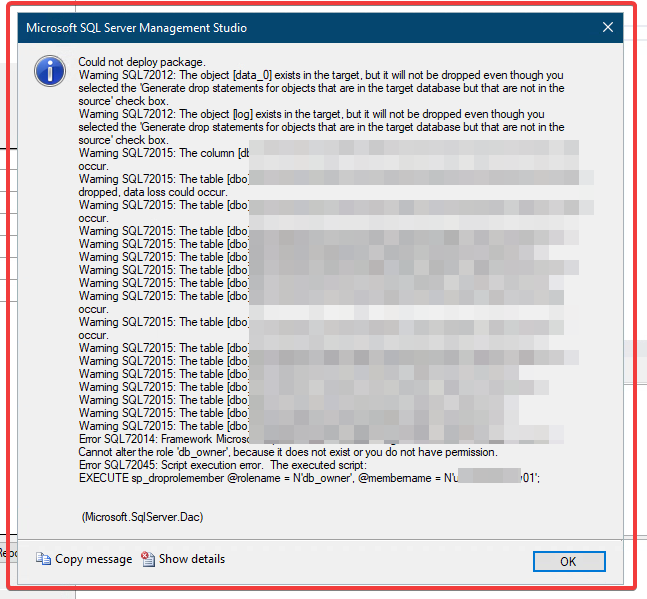 Error of Dacpac deployment via SSMS failed: Cannot alter the role db_owner - Microsoft Q&A