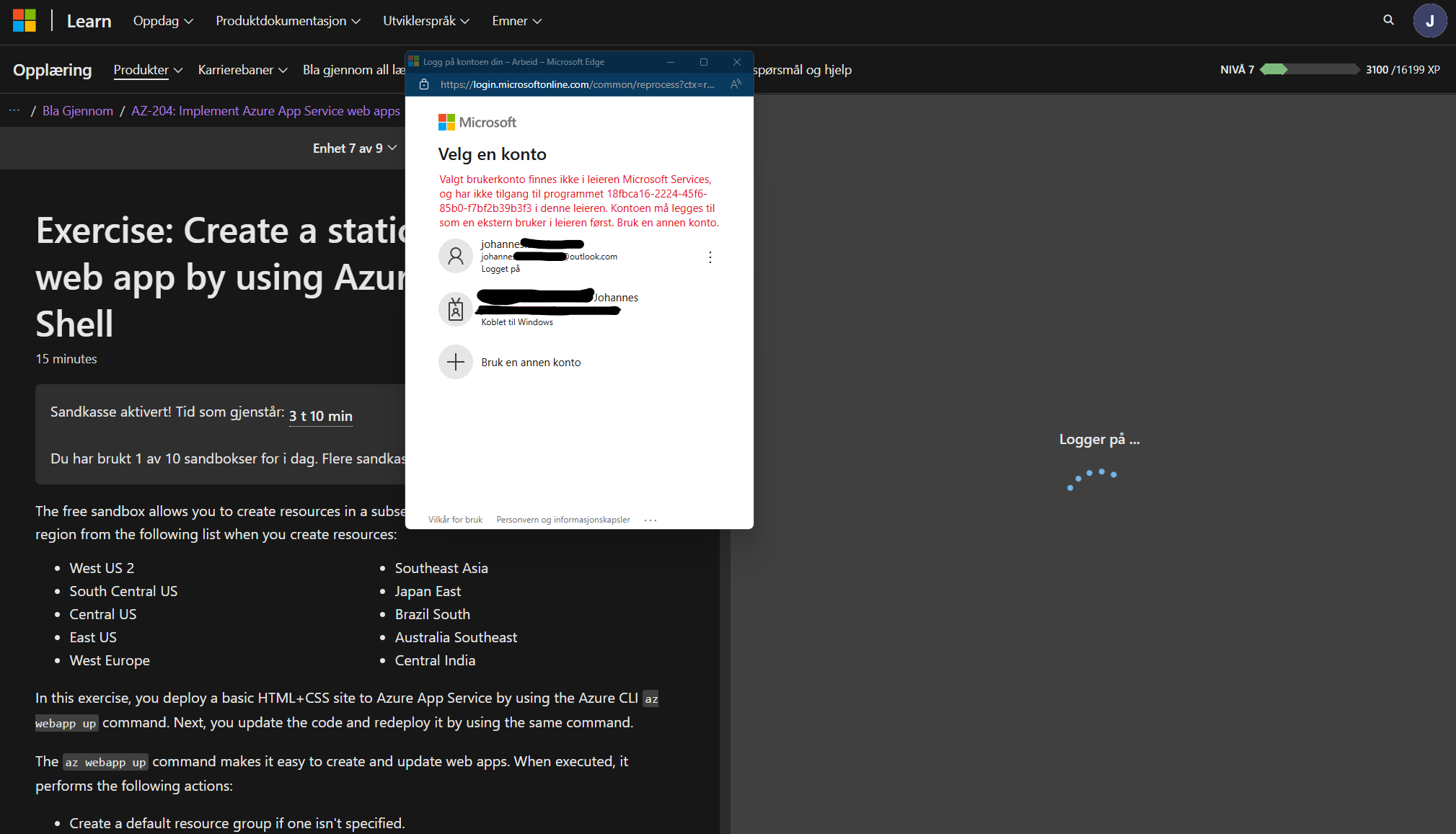 Cant login to the cloud shell. AZ-204 cert - Microsoft Q&A