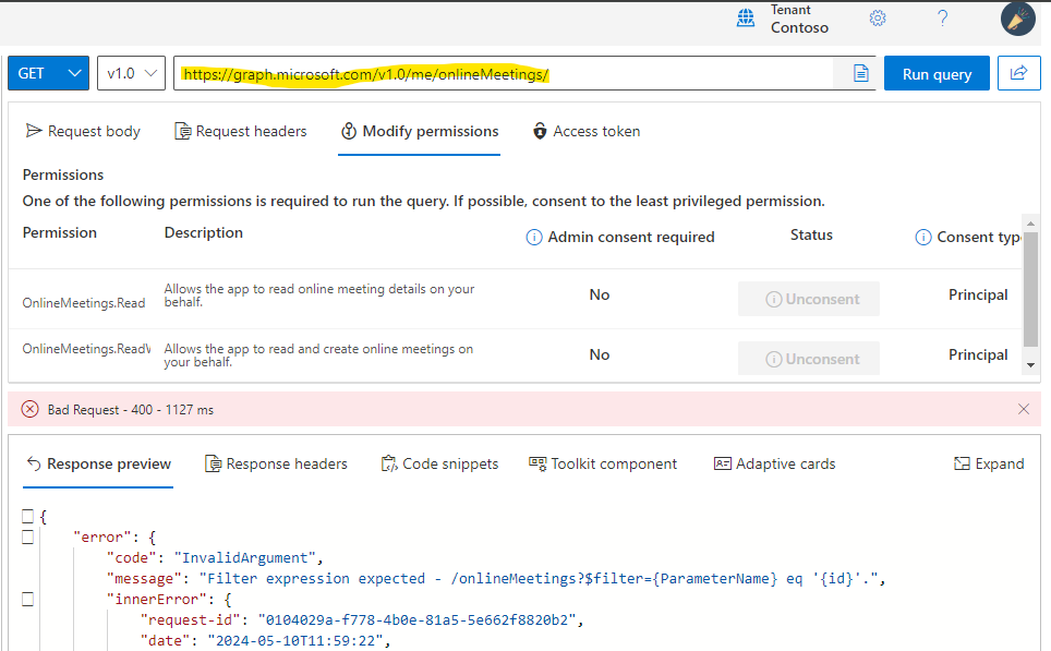 I am trying to access the API https://graph.microsoft.com/v1.0/me/onlineMeetings, but unable to ...