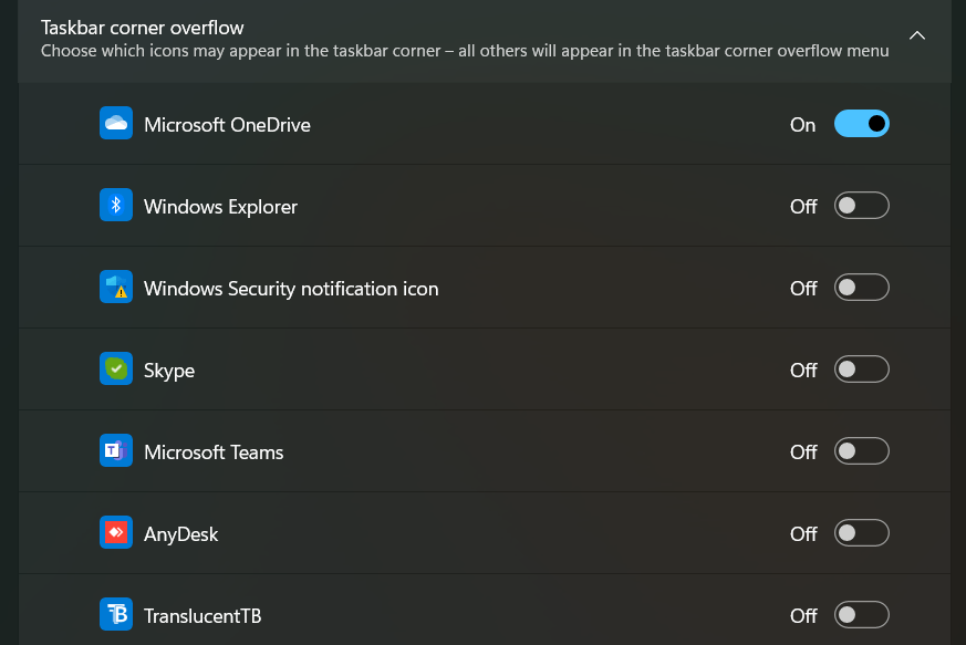 Taskbar Corner Overflow in Taskbar Settings - Microsoft Q&A