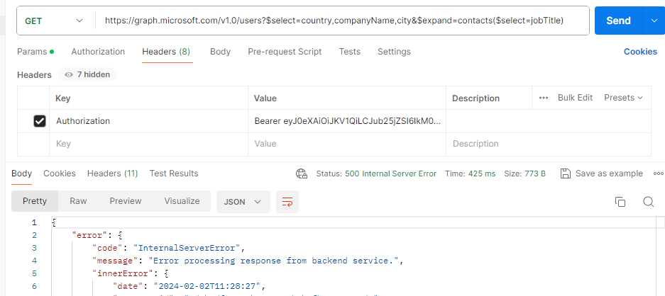 Facing Internalservererror While Using User Api Of Graph Message In Response Is Error 
