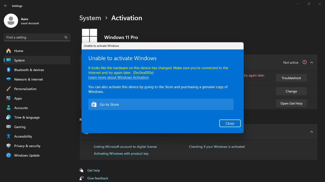 Windows Activation Error due hardware change 0xC0EA000A - Microsoft Q&A