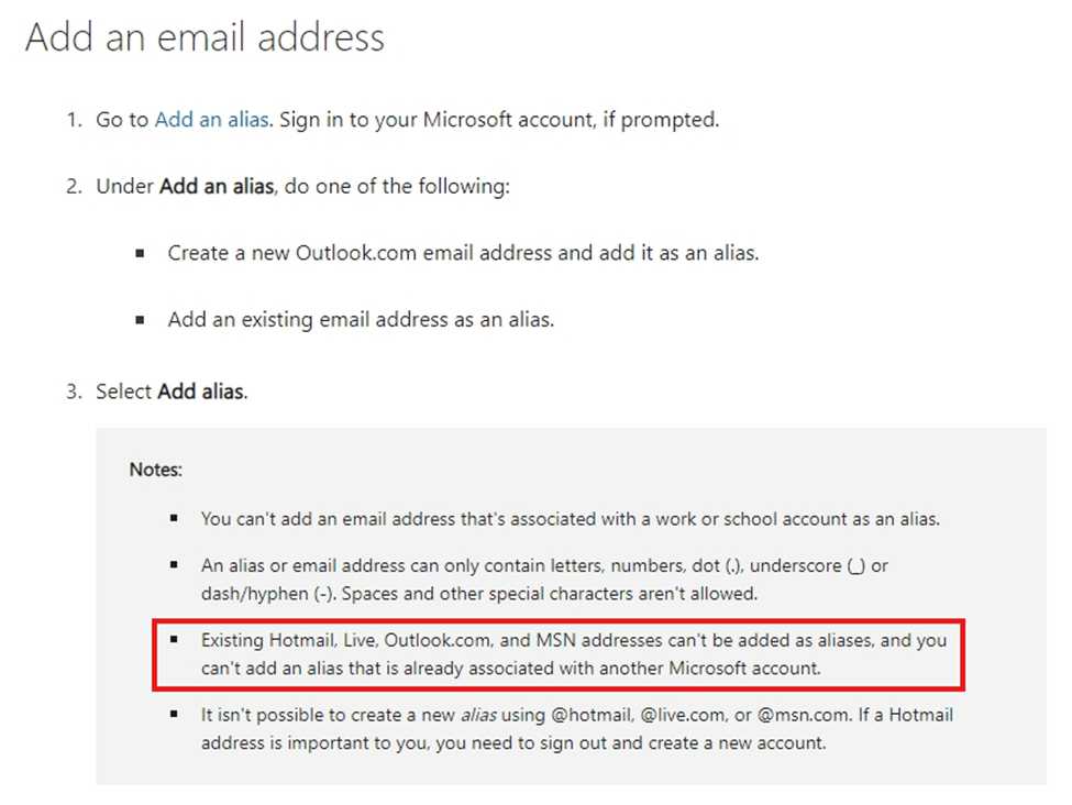 I'm trying to add an existing email as an alias but it keep failing to ...