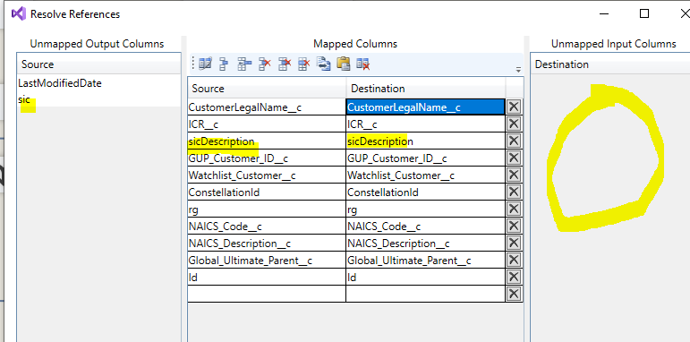 How do you refresh the unmapped input columns in SSIS? The field exists in both the input and ...