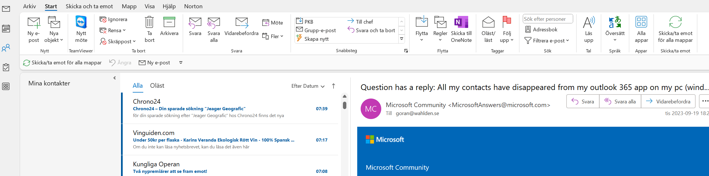 All my contacts have disappeared from my outlook 365 app on my pc ...