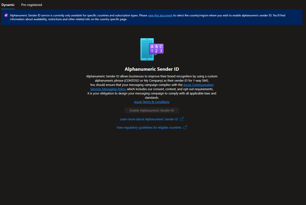 My subscription should be eligible for dynamic alphanumeric sender ID, however the create button ...