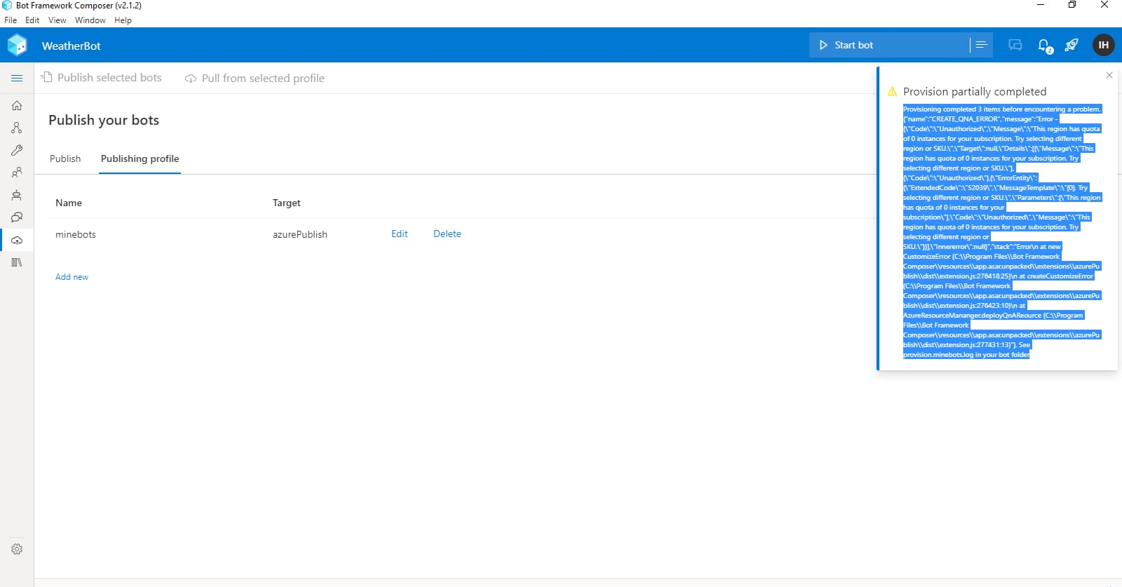 Unable To Publish My Bot With Bot Framework For Integrating With Pva Getting Error Qna Maker