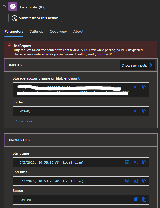 What do I need to fix my List Blobs (V2) action in my Logic App? - Microsoft Q&A