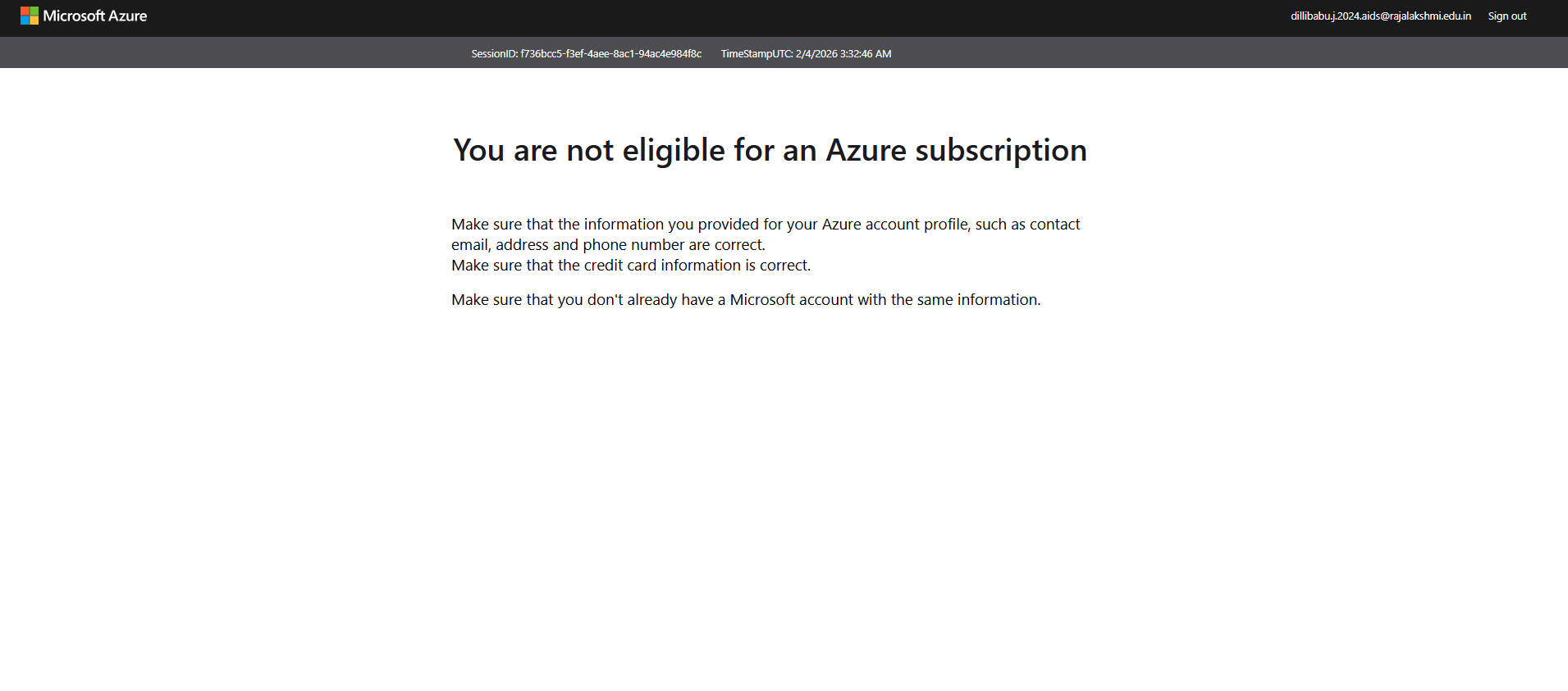 the microsoft azure account not eligible for my account: [PII removed ...