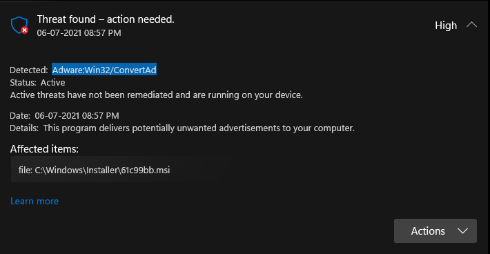 file: C:\Windows\Installer\61c99bb.msi is detected as Adware:Win32 ...