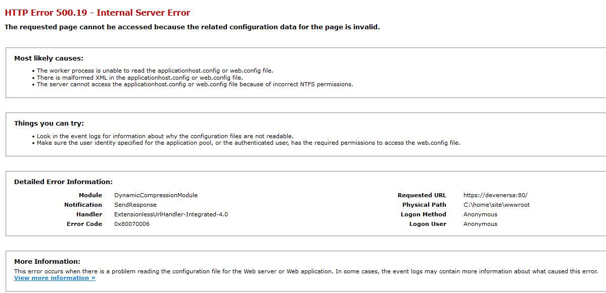 Error HTTP 500.19 al ejecutar una aplicación en Azure App Service directamente desde un paquete ...
