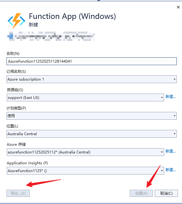 The "Create" button is grayed out when publishing an Azure Function ...