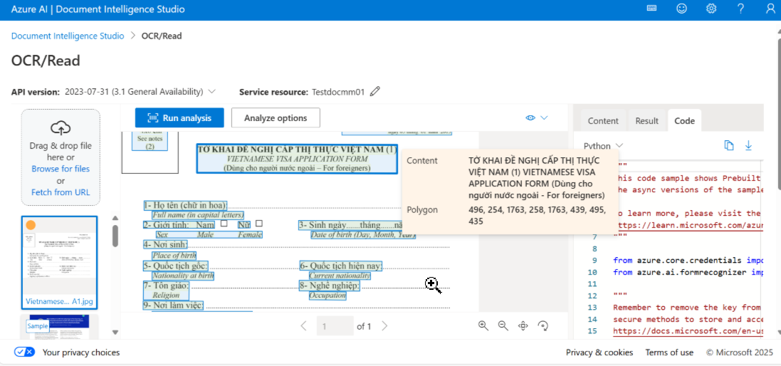 Azure document intelligence OCR not reading Vietnamese characters correctly missing most ...