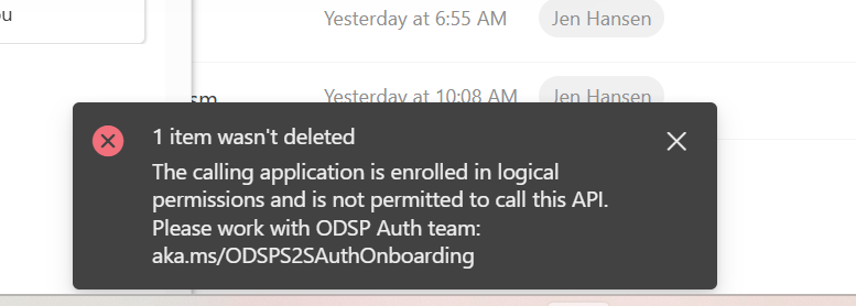 Trying to Delete SharePoint File User Uploaded and Gives API error ...
