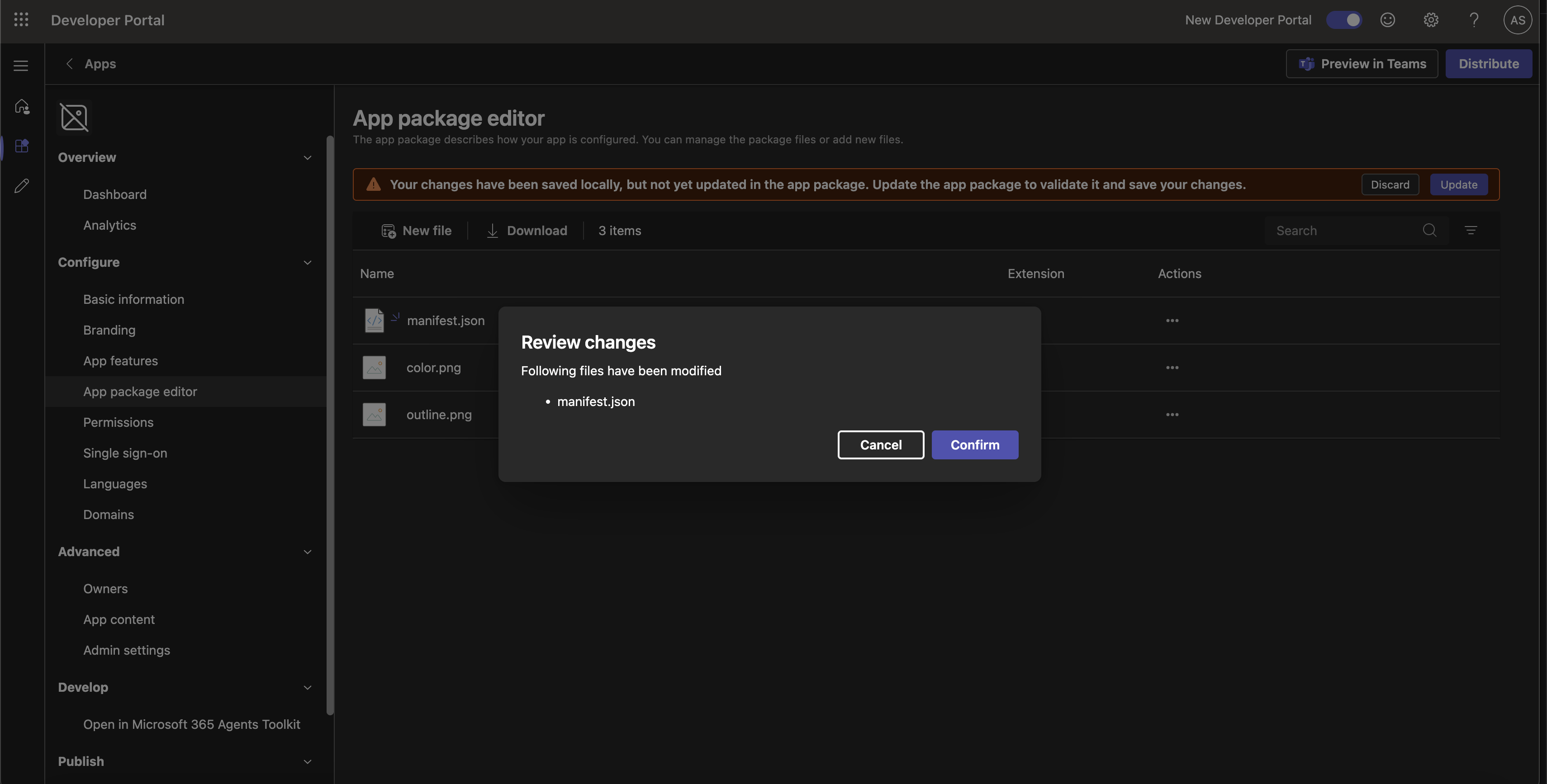 Issue with updating the teams custom app in teams developer portal ...