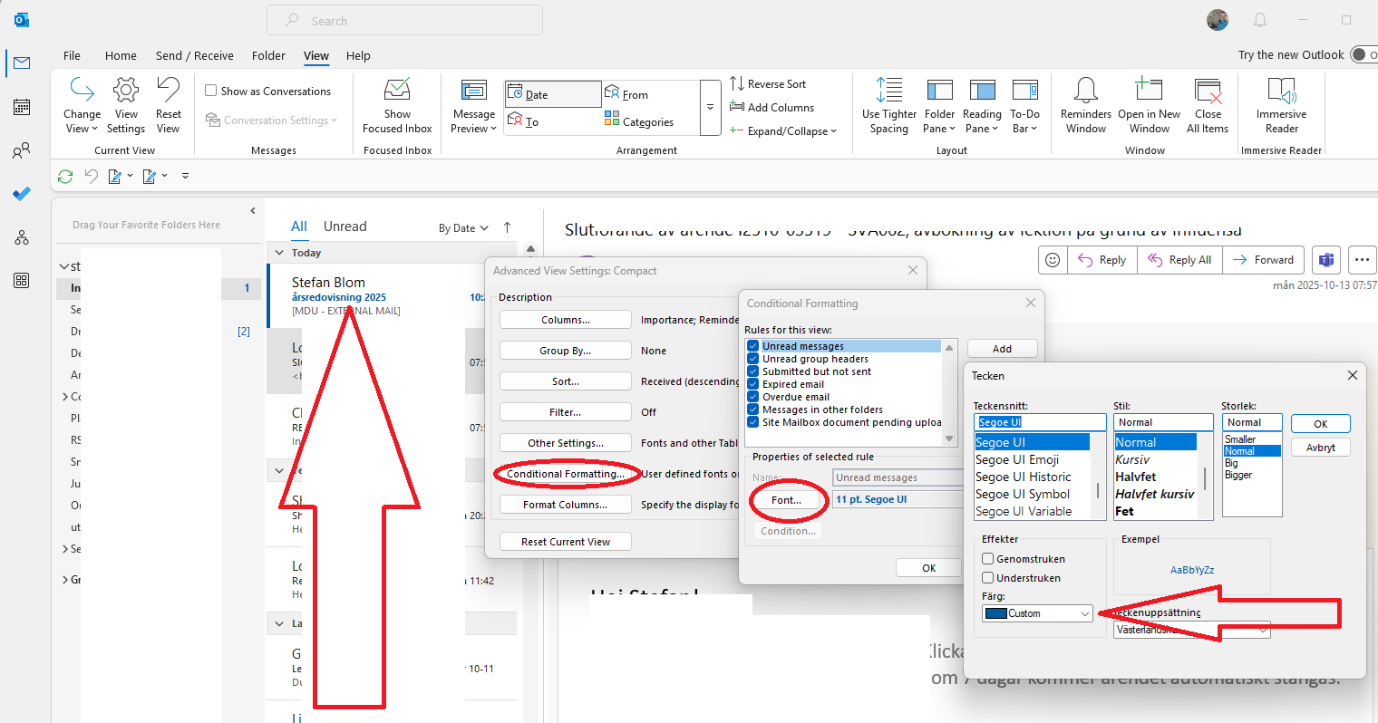 I cannot change font and color for unread messages - Microsoft Q&A