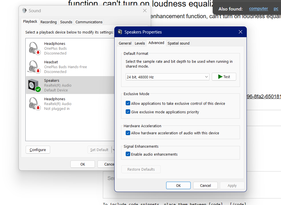 window11系统没有声音增强功能，不能打开响度均衡？ - Microsoft Q&A