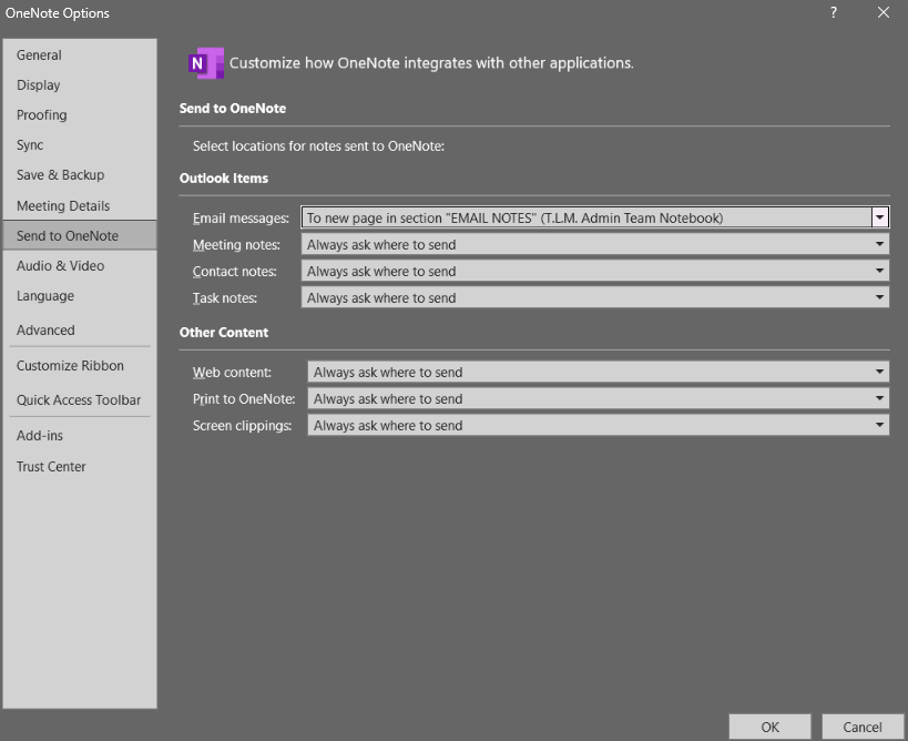 Send to OneNote Email Messages Default Location - Microsoft Q&A